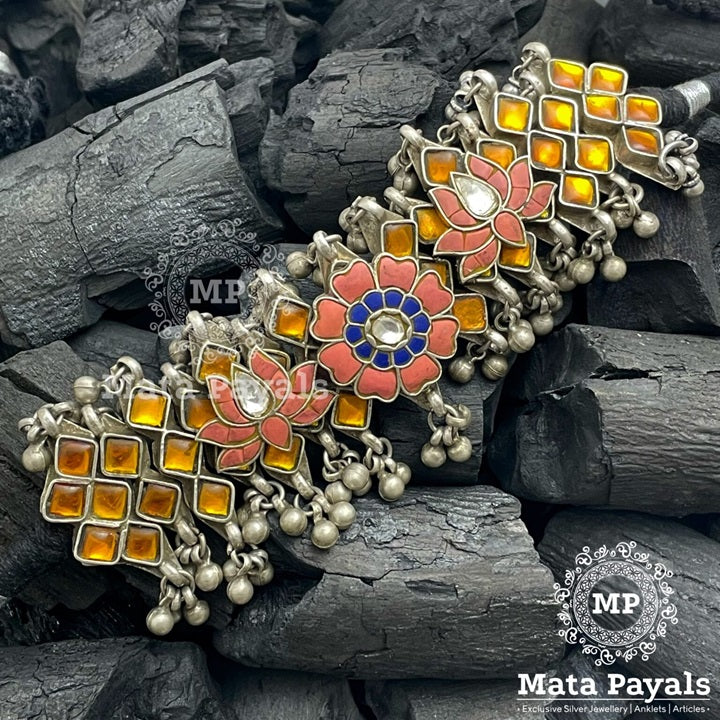 Antique Lotus Kundan Silver Oxidised Choker matapayals